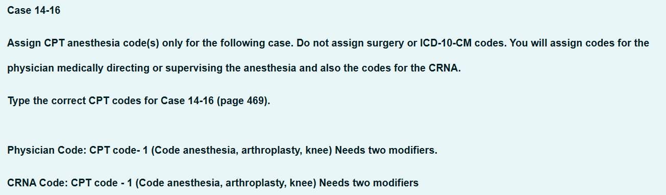 Solved Case 14-16Assign CPT anesthesia code(s) ﻿only for the | Chegg.com
