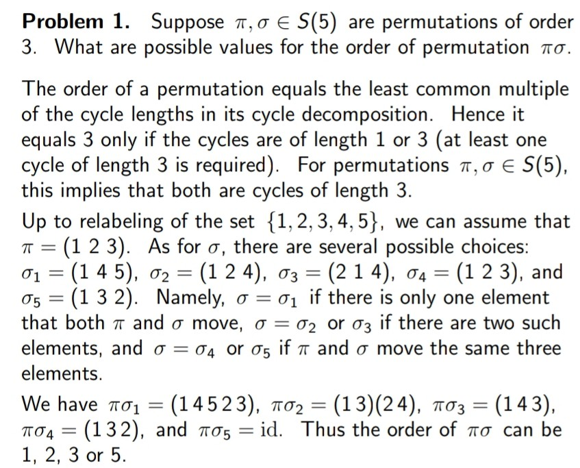 Solved Problem 1. Suppose π'ơES(5) are permutations of order | Chegg.com