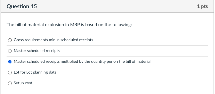 Solved Question 15 The bill of material explosion in MRP is | Chegg.com