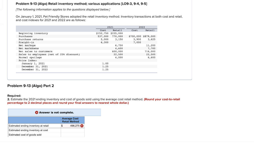 Solved Problem 9-13 (Algo) Retail inventory method; various | Chegg.com