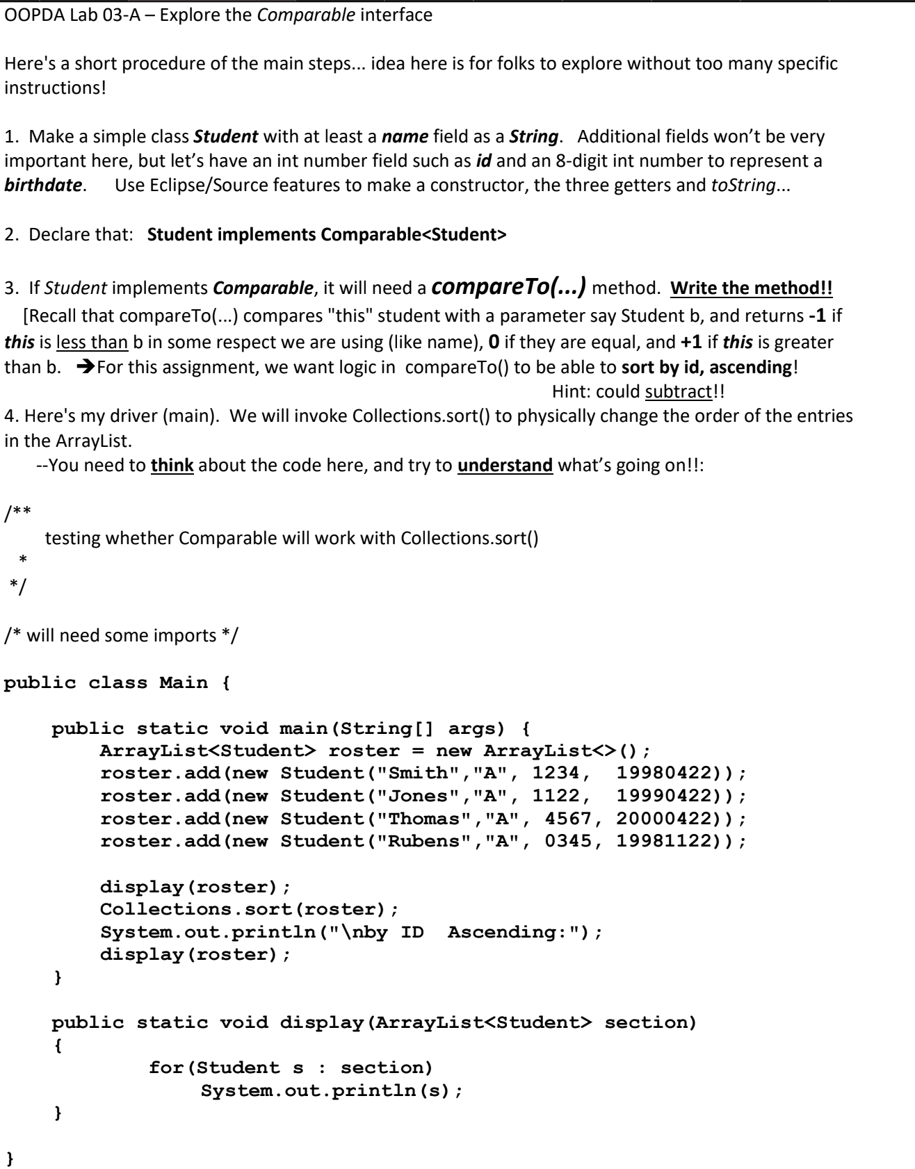 Solved OOPDA Lab 03-A - Explore the Comparable interface | Chegg.com