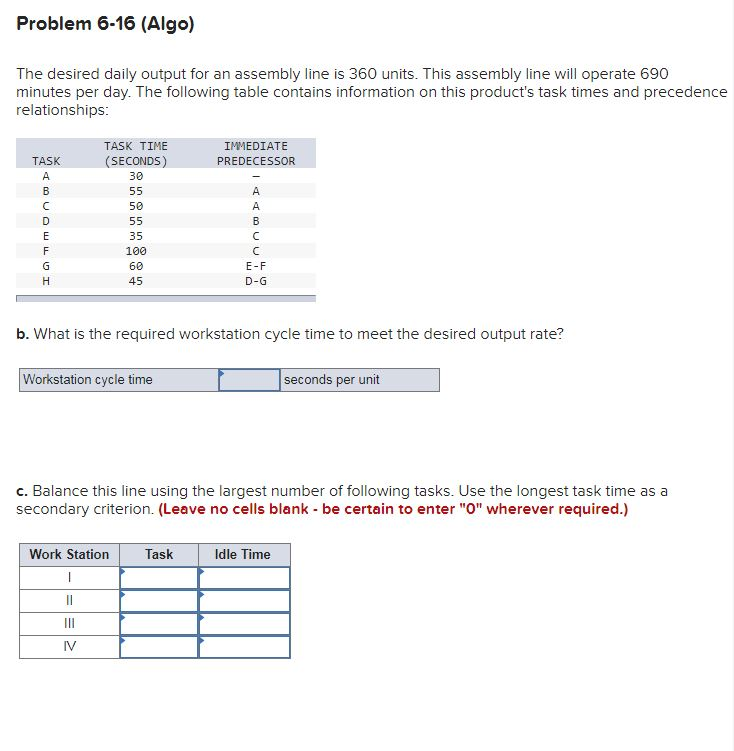Solved Problem 6-16 (Algo) The desired daily output for an | Chegg.com