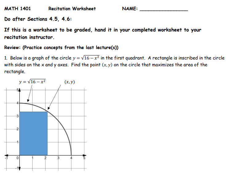 Solved MATH 1401 Recitation Worksheet NAME: Do after | Chegg.com