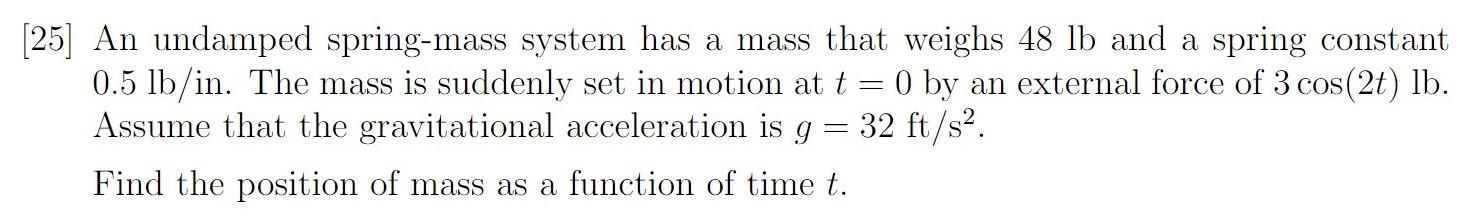 Solved [25] An undamped spring-mass system has a mass that | Chegg.com