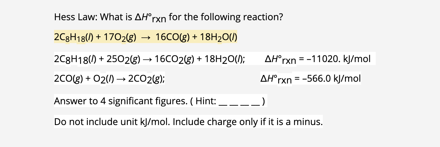 Solved Hess Law: What is ΔH∘rxn for the following reaction? | Chegg.com