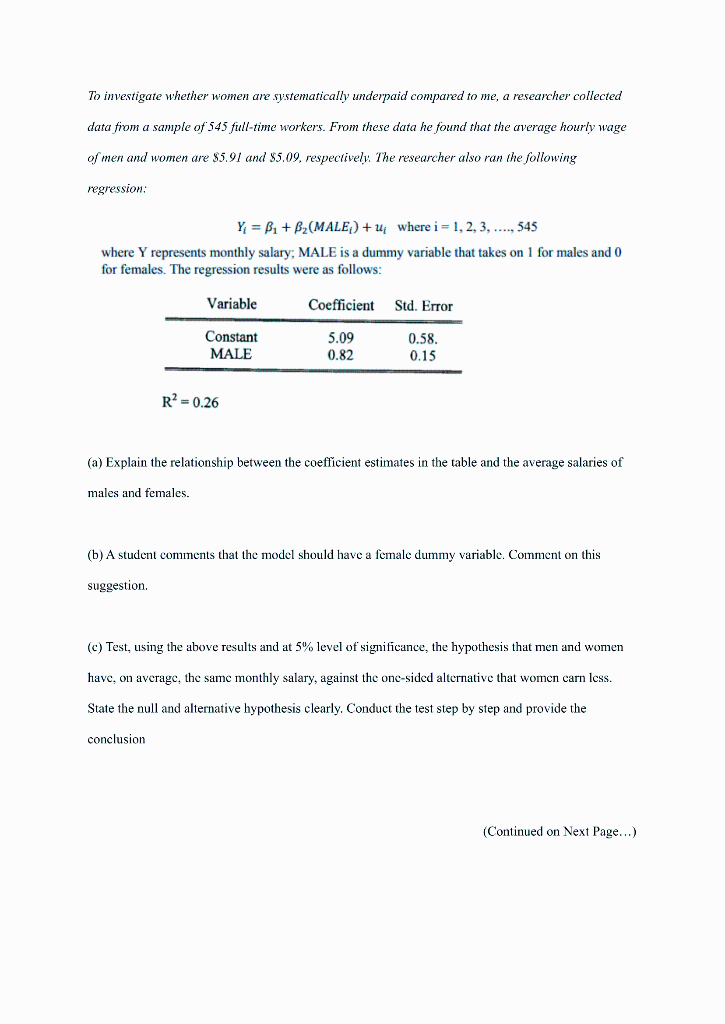 Solved To investigate whether women are systematically | Chegg.com