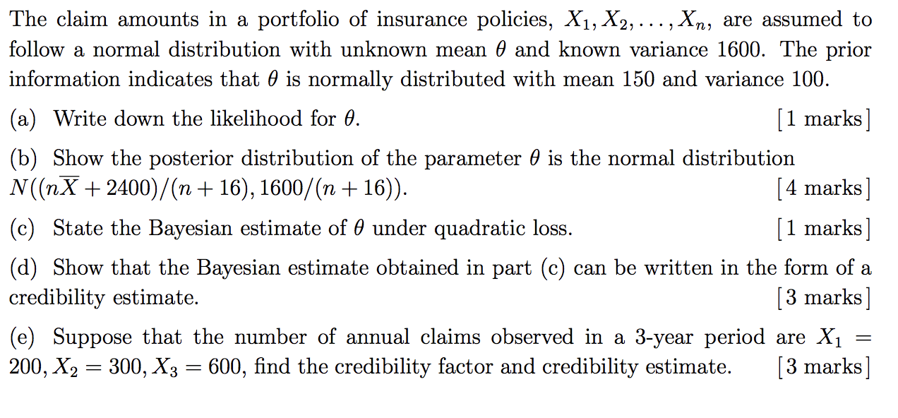 Solved The claim amounts in a portfolio of insurance | Chegg.com