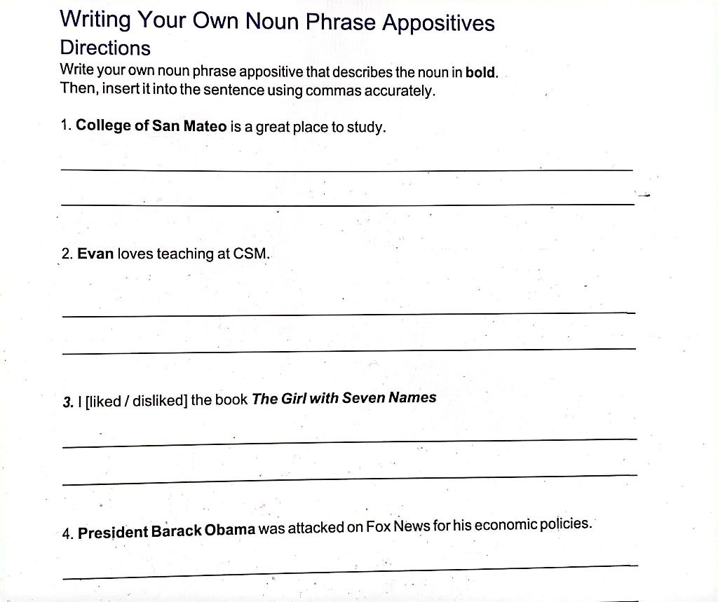 Writing Your Own Noun Phrase Appositives Directions | Chegg.com