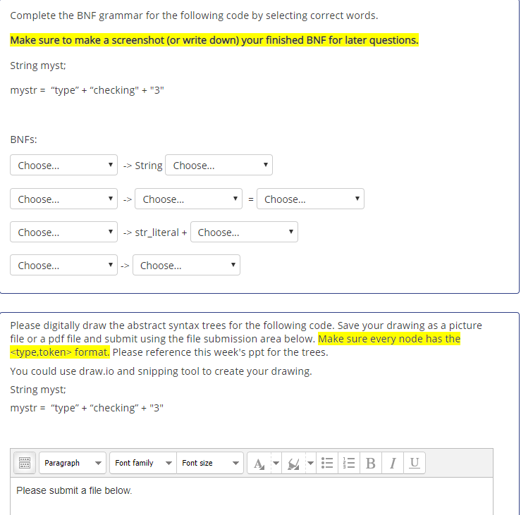 Solved Complete the BNF grammar for the following code by | Chegg.com