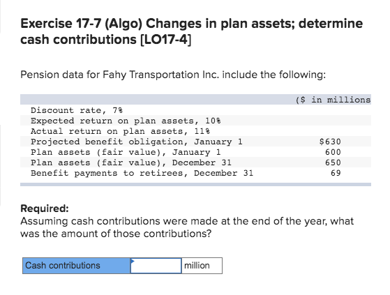 Solved Exercise 17-7 (Algo) Changes in plan assets; | Chegg.com