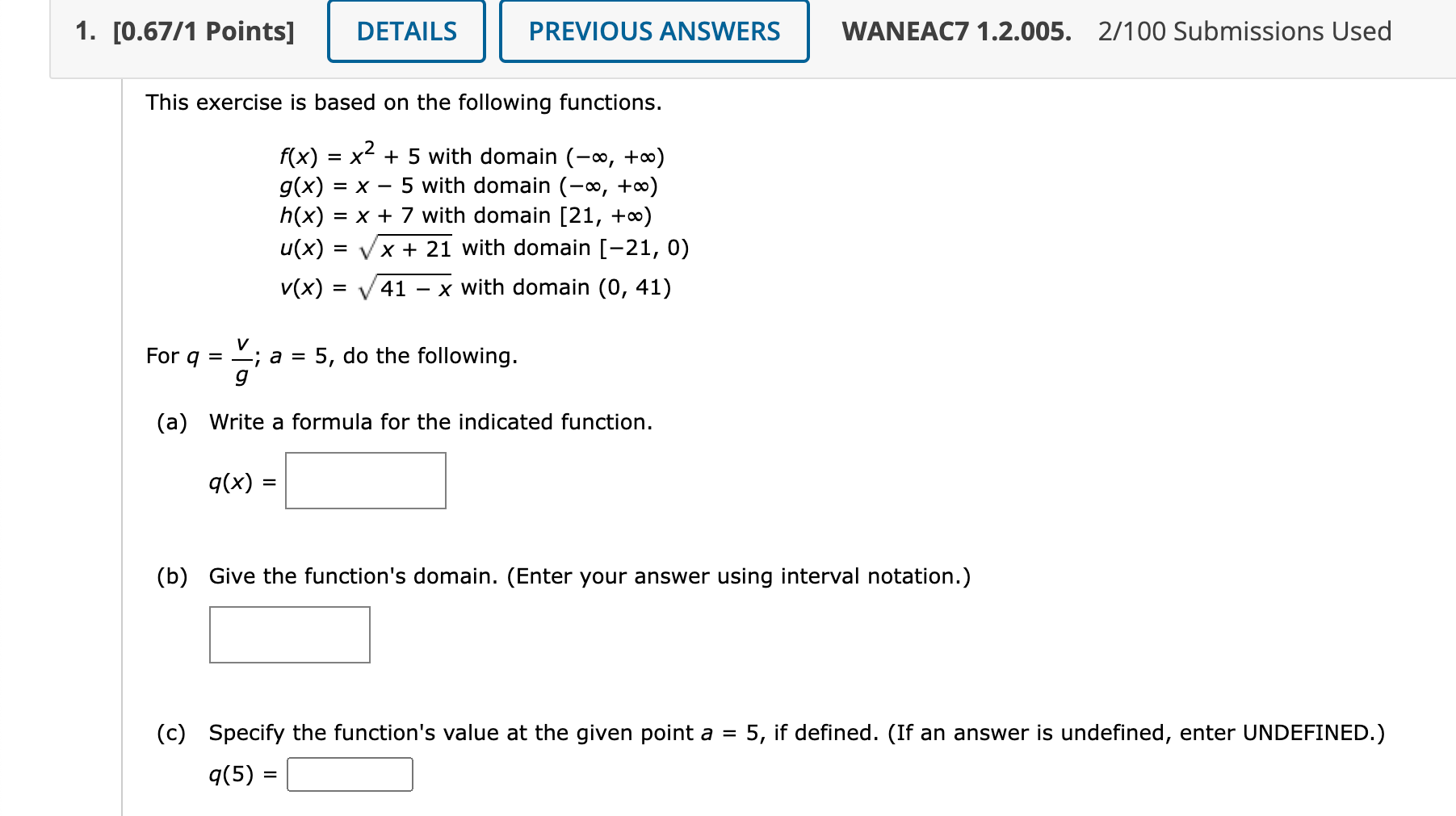 Solved 1. [0.67/1 Points] DETAILS WANEAC7 1.2.005. 2/100 | Chegg.com