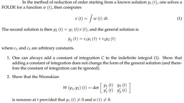 Solved In the method of reduction of order starting from a | Chegg.com