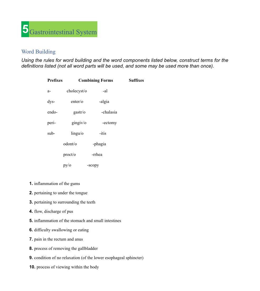 Solved 5 Gastrointestinal System Word Building Using the | Chegg.com