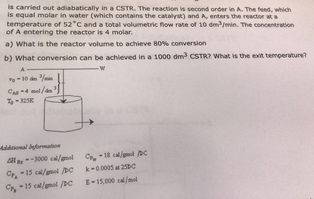 Solved is carried out adiabatically in a CSTR. The reaction | Chegg.com