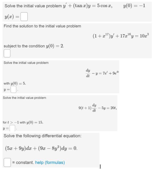 Solved y(0) = -1 Solve the initial value problem y' + (tan | Chegg.com