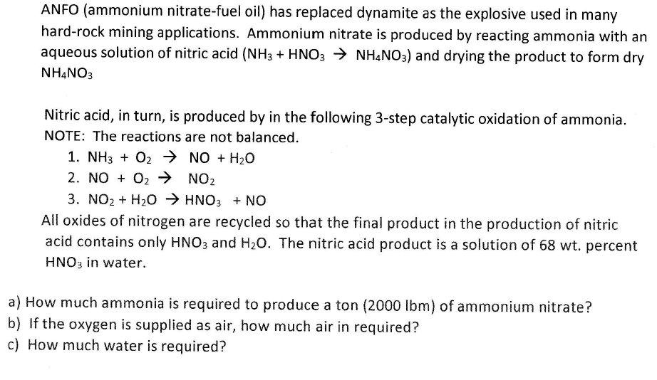 Solved ANFO (ammonium nitrate-fuel oil) has replaced | Chegg.com