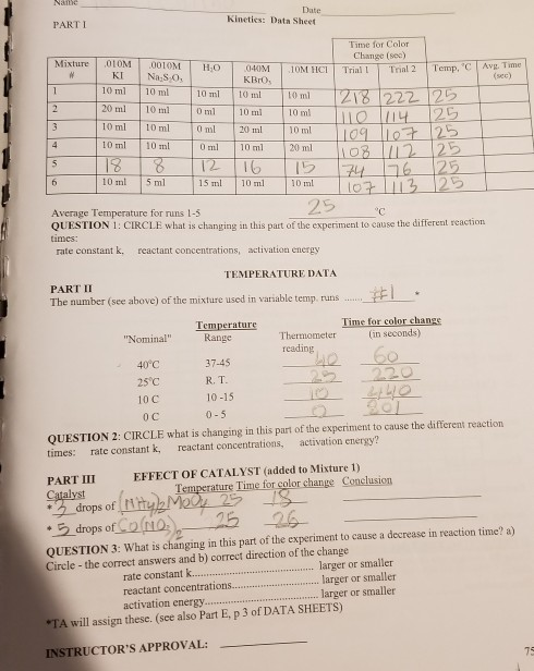 1202 Nante Dute Kinetics: Data Sheet PARTI Time for | Chegg.com