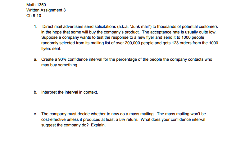 Solved Math 1350 Written Assignment 3 Ch 8-10 1. Direct mail | Chegg.com