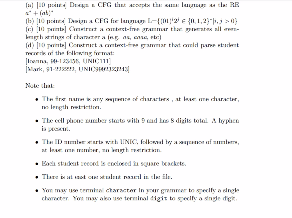 Solved (a) (10 points) Design a CFG that accepts the same | Chegg.com