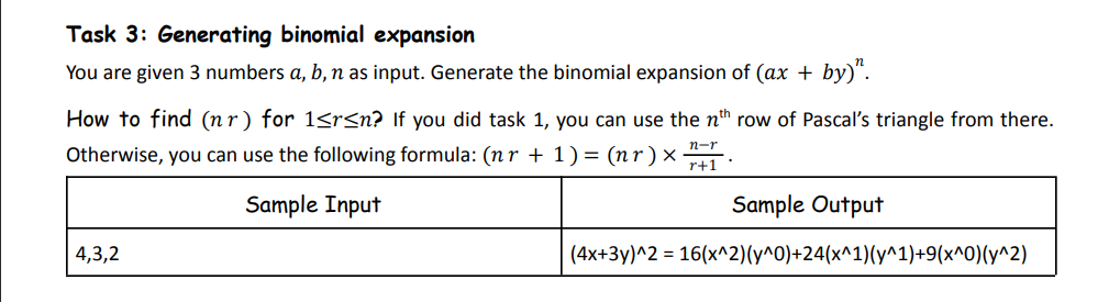 Solved Task 3: Generating binomial expansion You are given 3 | Chegg.com