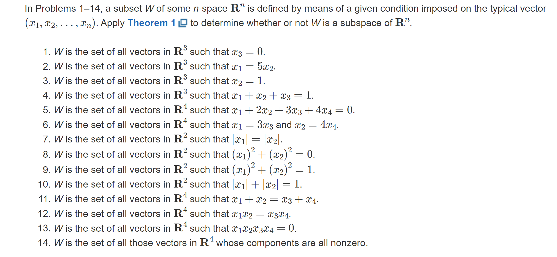 Solved In Problems 1−14, a subset W of some n-space Rn is | Chegg.com
