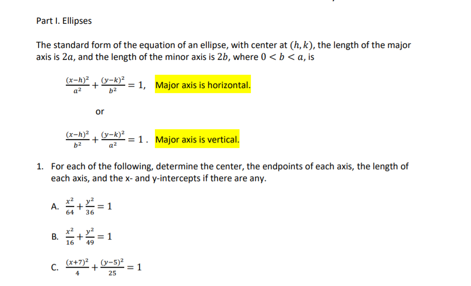 Solved Part I Ellipses The Standard Form Of The Equation Of Chegg