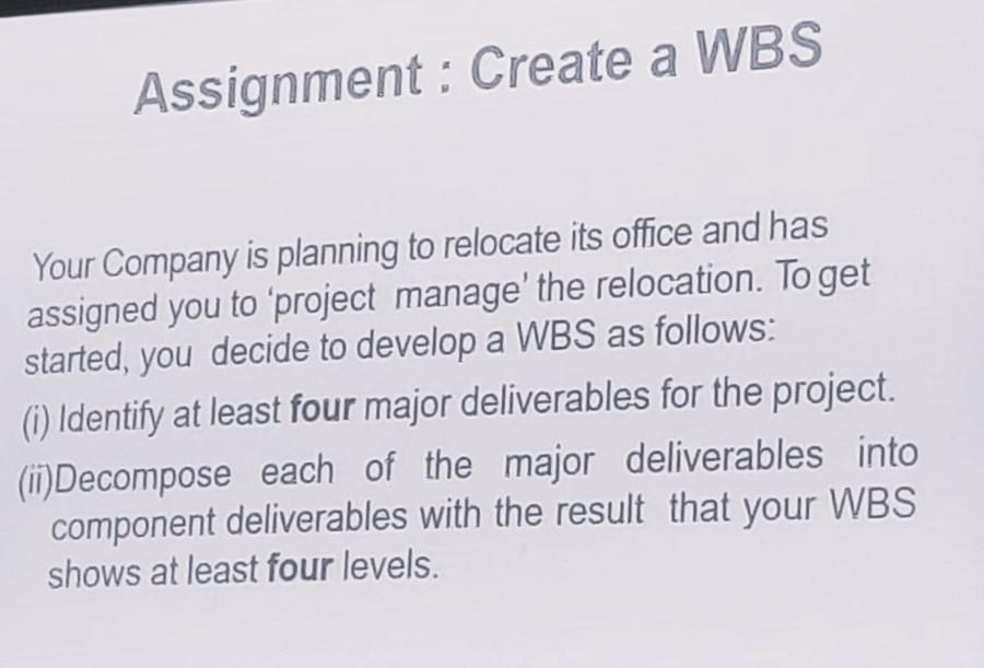 Solved Create a WBS for Office relocation based on the | Chegg.com