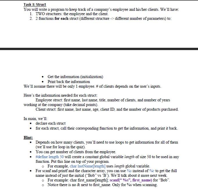 Task 3: Struct You will write a program to keep track | Chegg.com