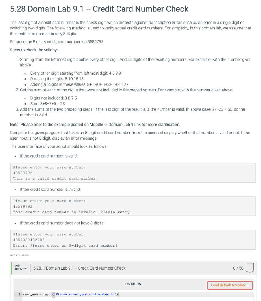 Solved 5.28 Domain Lab 9.1 -- Credit Card Number Check The | Chegg.com