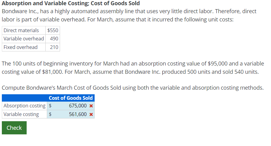 Solved Absorption and Variable Costing; Cost of Goods | Chegg.com