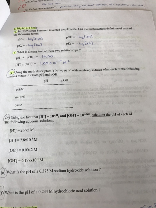 Solved Definerac (130 pts) pH Scale a) In 1909 Soren | Chegg.com