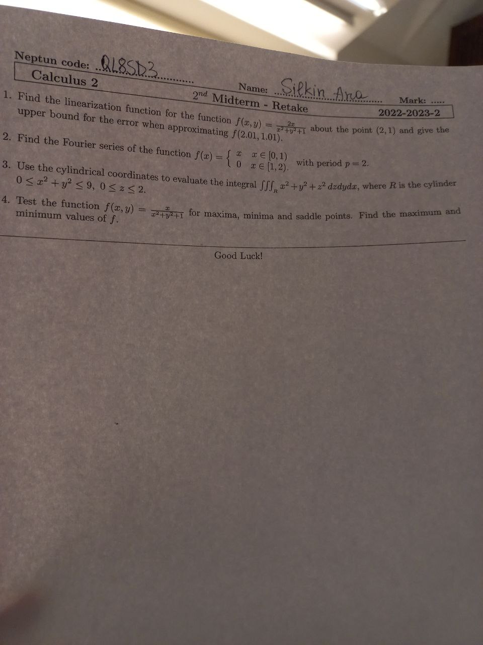 Solved Name: ..silkin Ara 2nd Midterm - Retake Mark: | Chegg.com