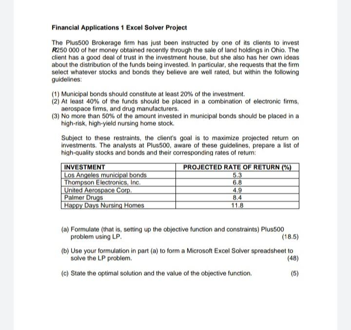 Solved Financial Applications 1 Excel Solver Project The | Chegg.com