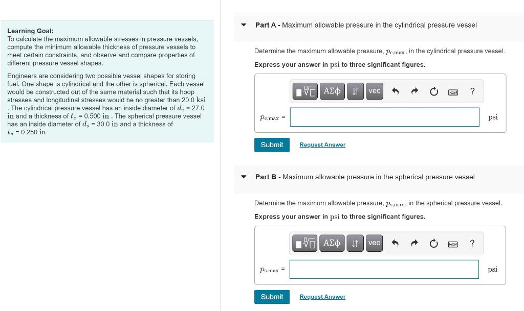 Solved Part A - Maximum allowable pressure in the | Chegg.com