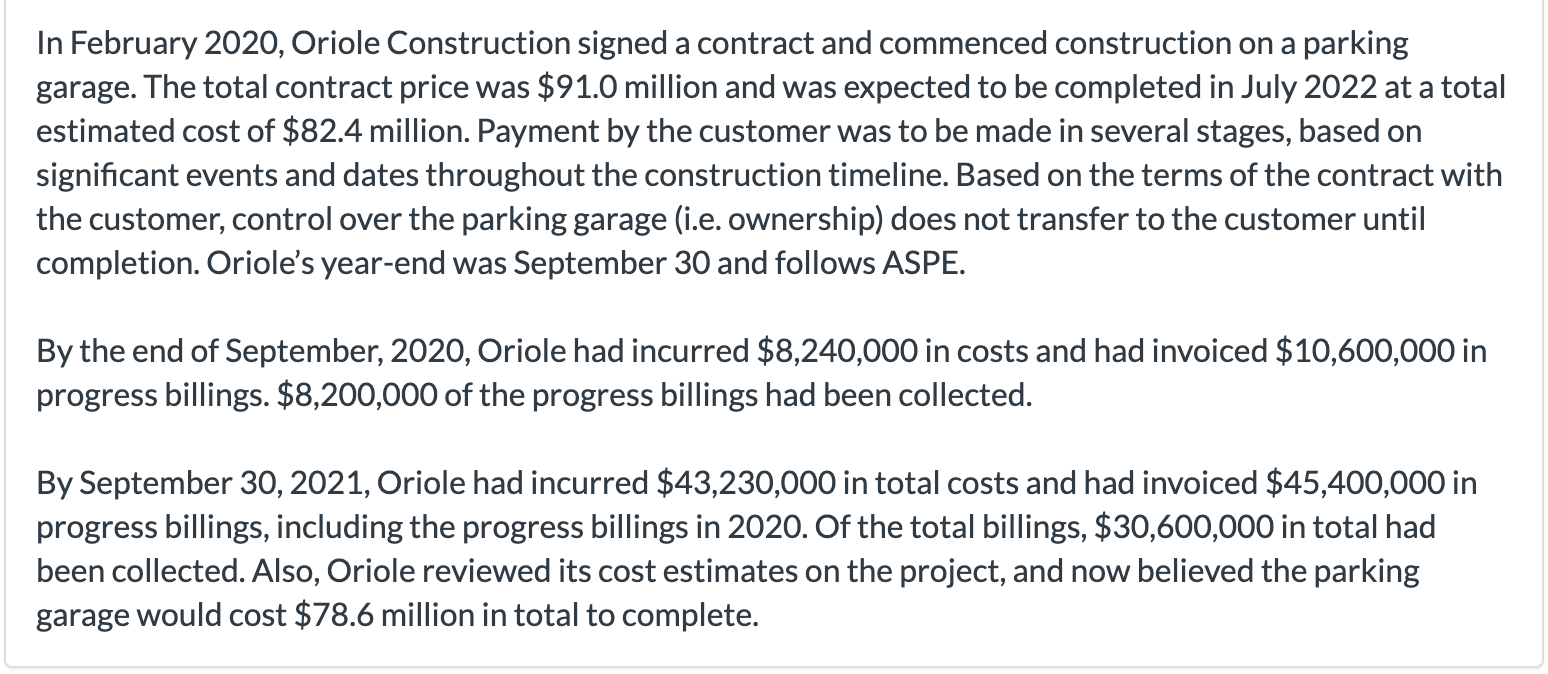 Solved In February 2020, Oriole Construction signed a | Chegg.com