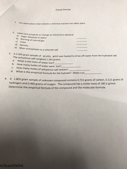Solved Prelab Exercise t observations that indicate a | Chegg.com