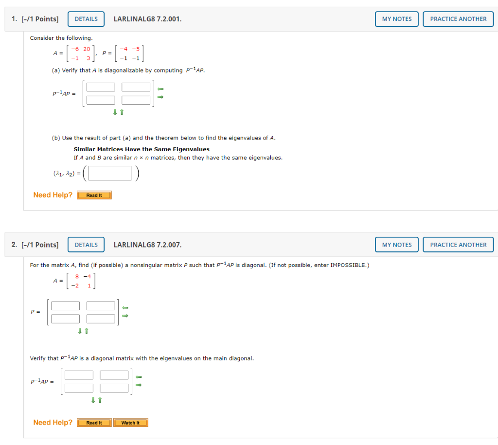 Solved 1. [-/1 Points) DETAILS LARLINALG8 7.2.001. MY NOTES | Chegg.com