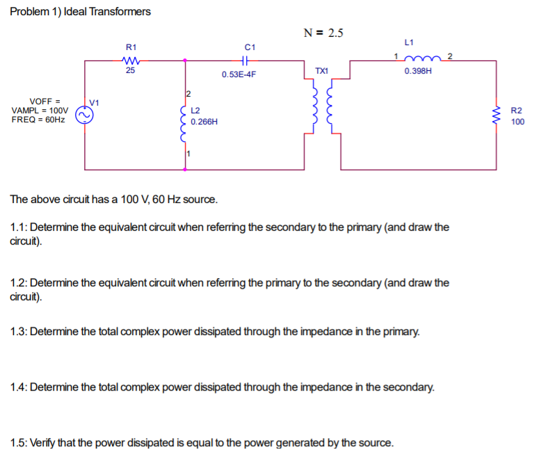 Solved Problem 1) Ideal Transformers N 2.5 L1 R1 C1 25 TX1 | Chegg.com