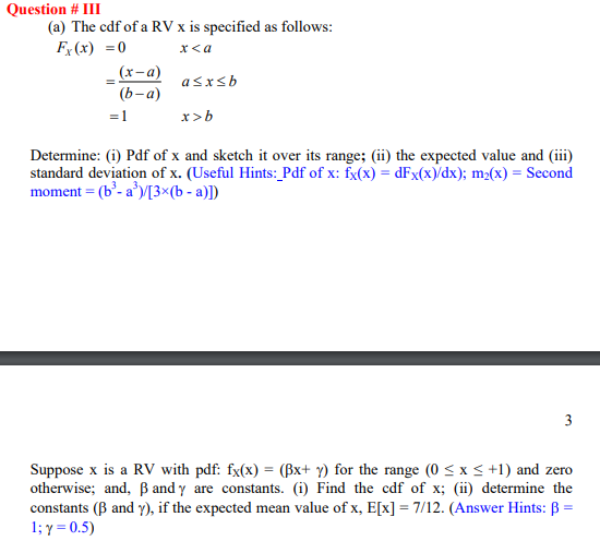 Solved Question # III (a) The cdf of a RV x is specified as | Chegg.com