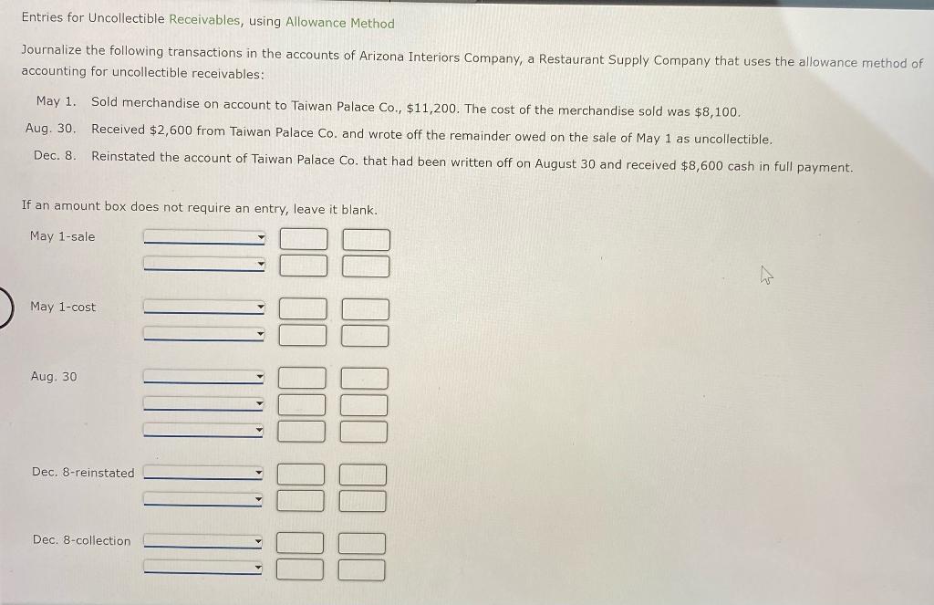 Solved Entries for Uncollectible Receivables, using | Chegg.com
