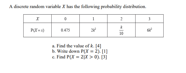 Solved A discrete random variable X has the following | Chegg.com