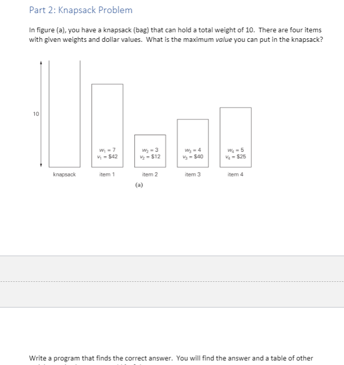 Solved Part 2: Knapsack Problem In figure (a), you have a | Chegg.com