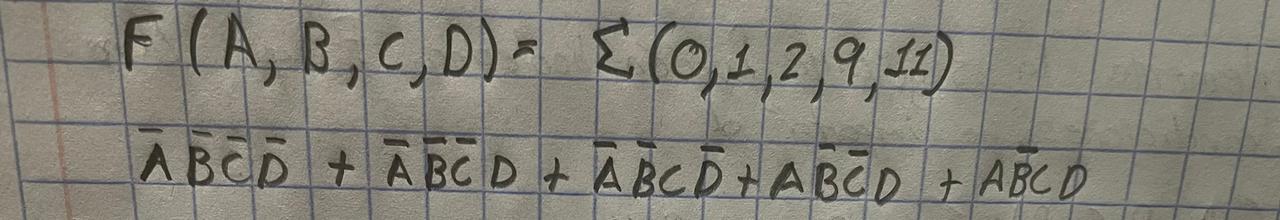 Solved F(A,B,C,D)=∑(0,1,2,9,11)AˉBˉCˉDˉ+AˉBˉCˉD+AˉBˉCDˉ+ABˉC | Chegg.com