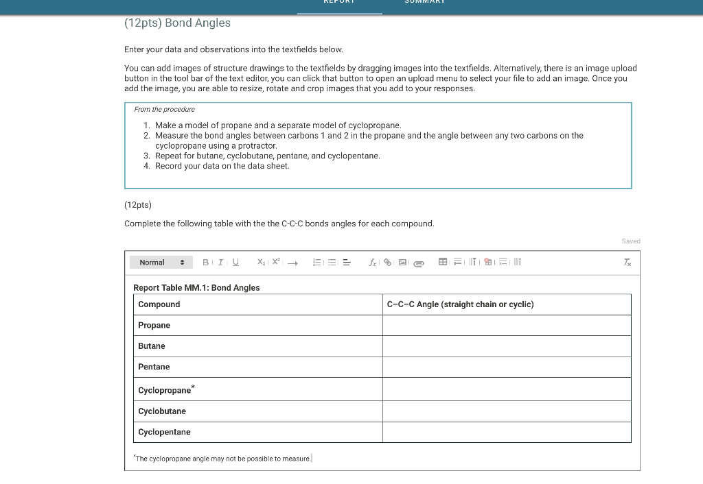 Solved (12pts) Bond Angles Enter your data and observations | Chegg.com