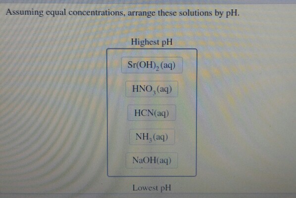 Solved Assuming equal concentrations, arrange these | Chegg.com Solved Assuming equal concentrations, arrange these | Chegg.com