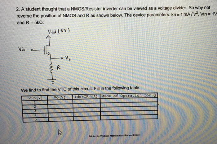 Solved 2. A student thought that a NMOS/Resistor inverter | Chegg.com