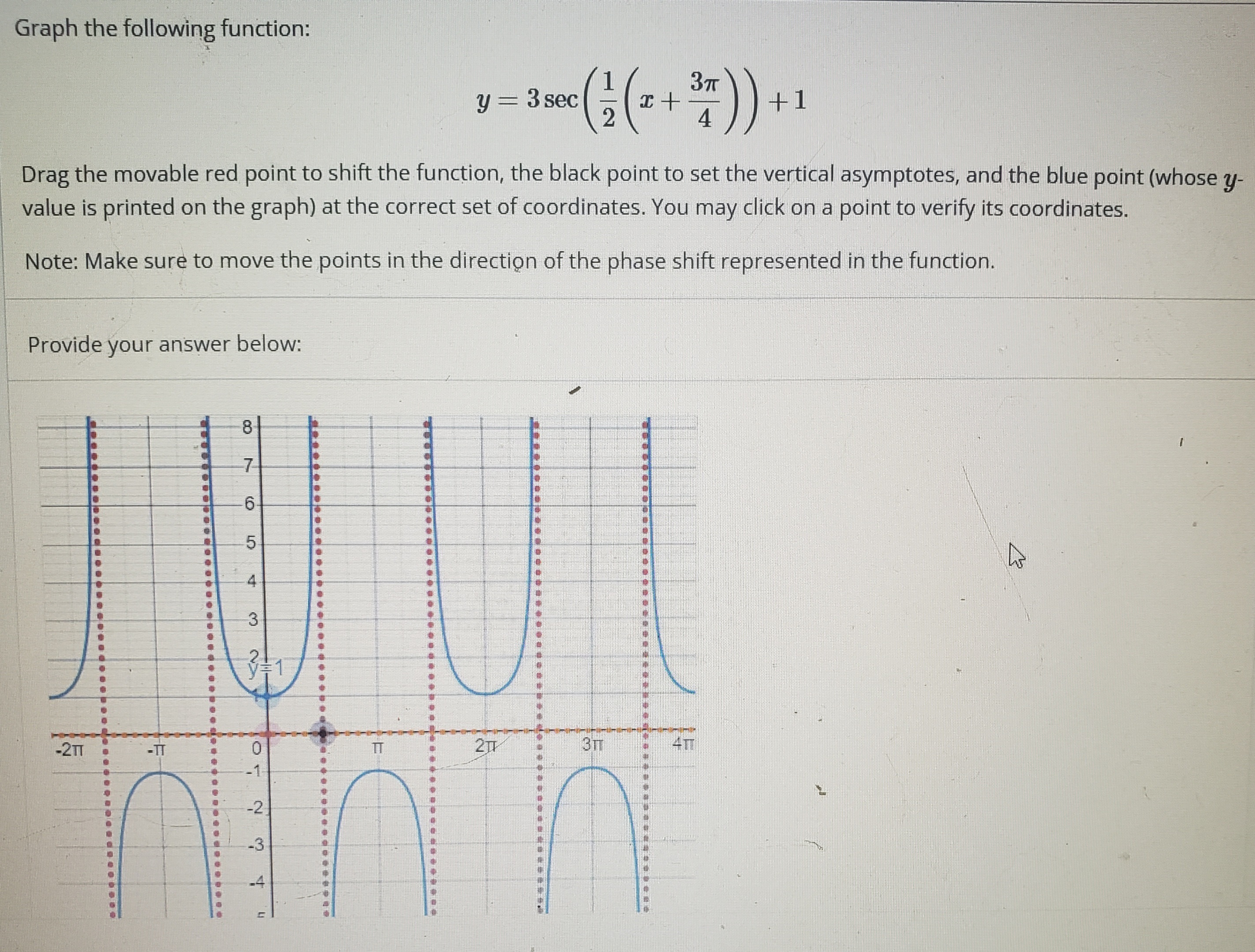 Solved Graph the following function: y=3sec(21(x+43π))+1 | Chegg.com