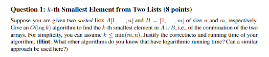 Solved Question 1: k-th Smallest Element from Two Lists (8 | Chegg.com