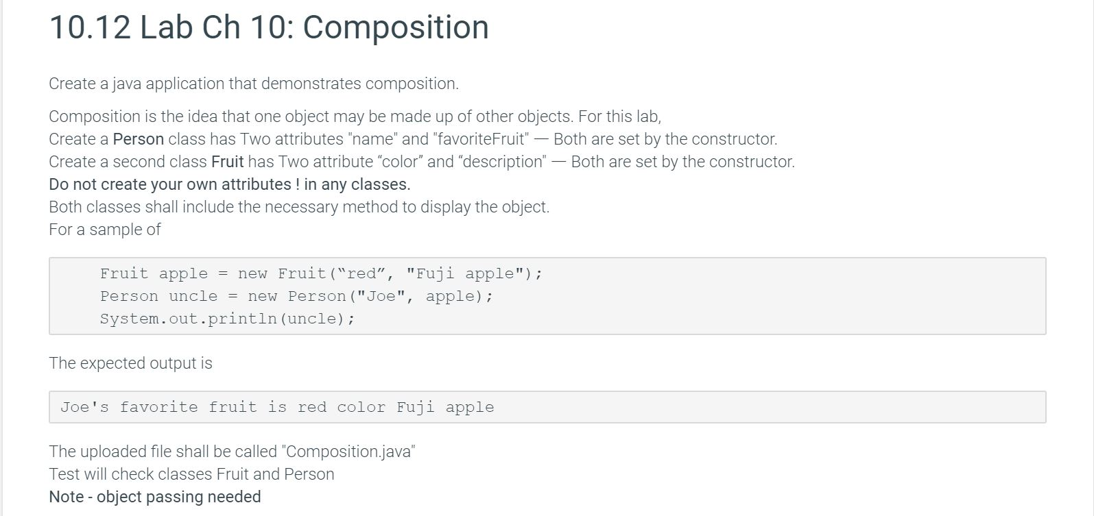 Solved 10.12 Lab Ch 10: Composition Create a java | Chegg.com