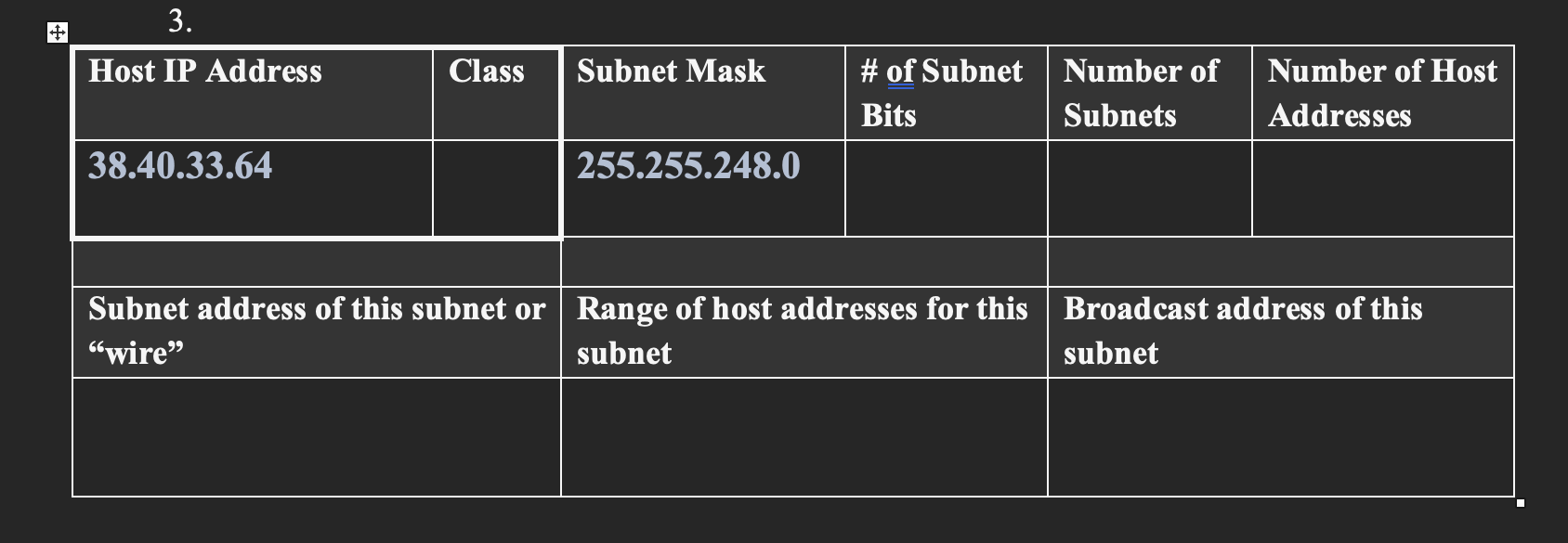 Solved 3. T Host IP Address Class Subnet Mask # of Subnet | Chegg.com